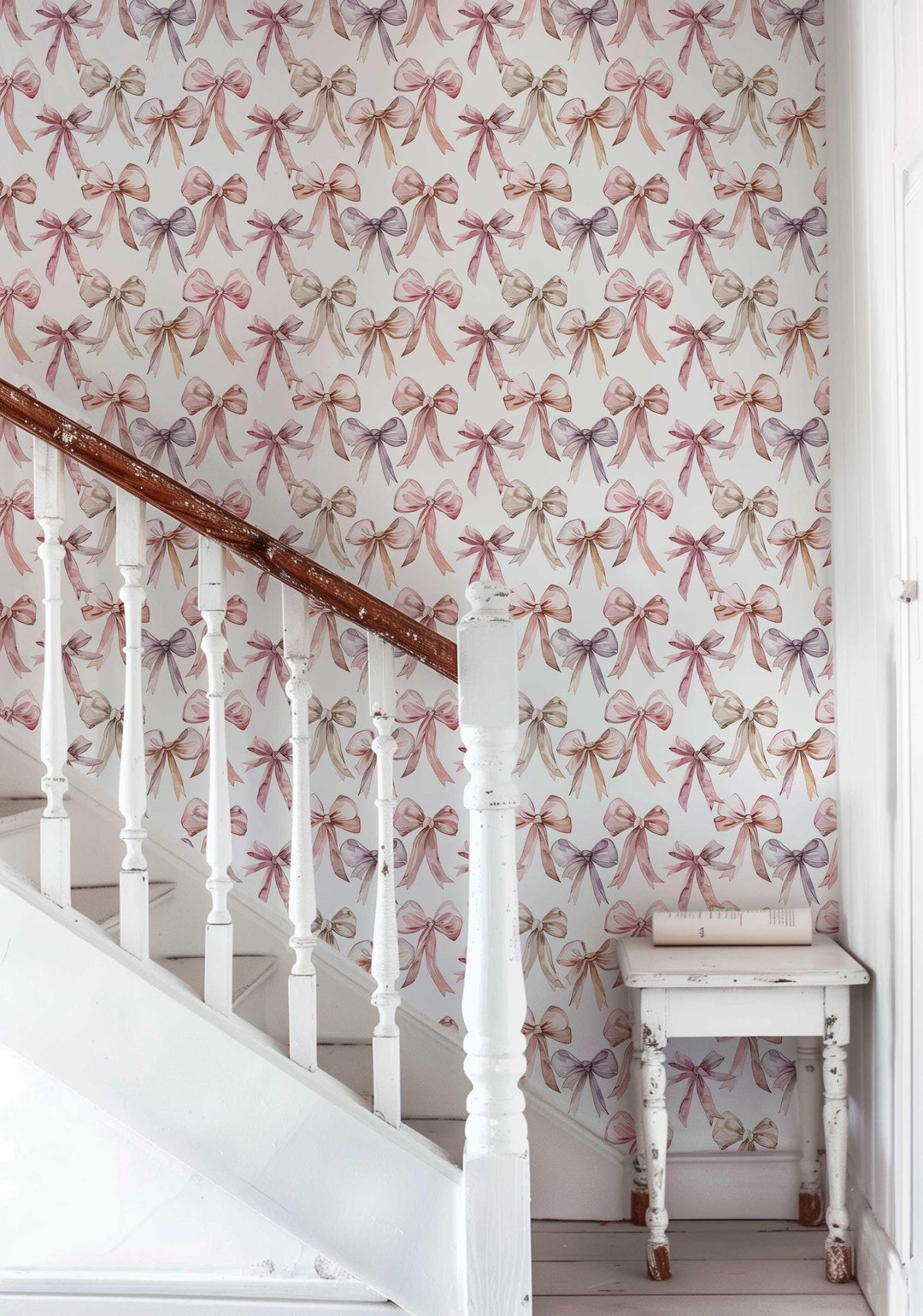 Wallpaper Pink Bow Removable Art Ribbons Wall Mural Pastel Accent Wall ...