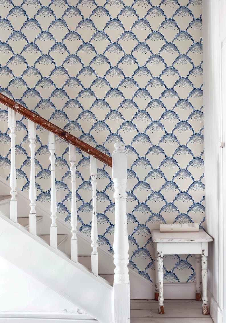 Modern Coastal Wall Mural, Blue Scallop Peel and Stick Wallpaper ...