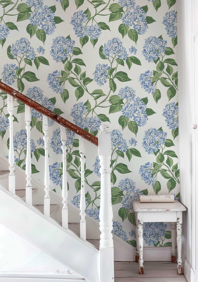 Blue Hydrangea Peel and Stick Wallpaper | Removable Floral Wall Décor ...