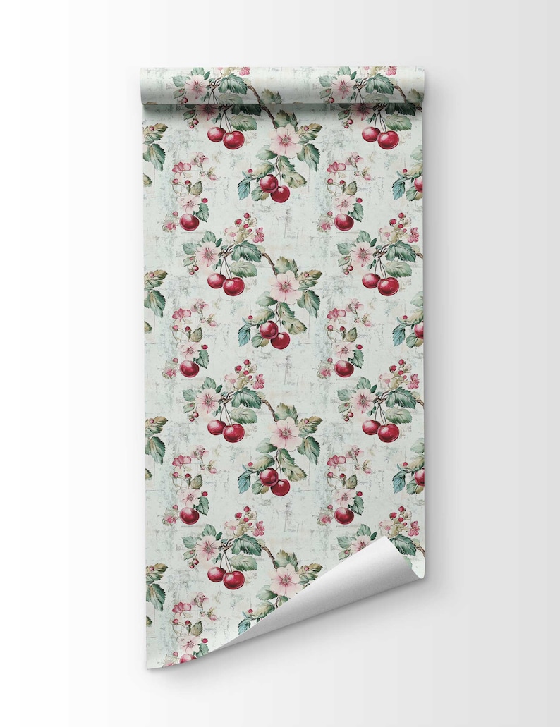 Whimsical Cherry Floral Wallpaper for Kids' Room - Light Shabby Chic ...