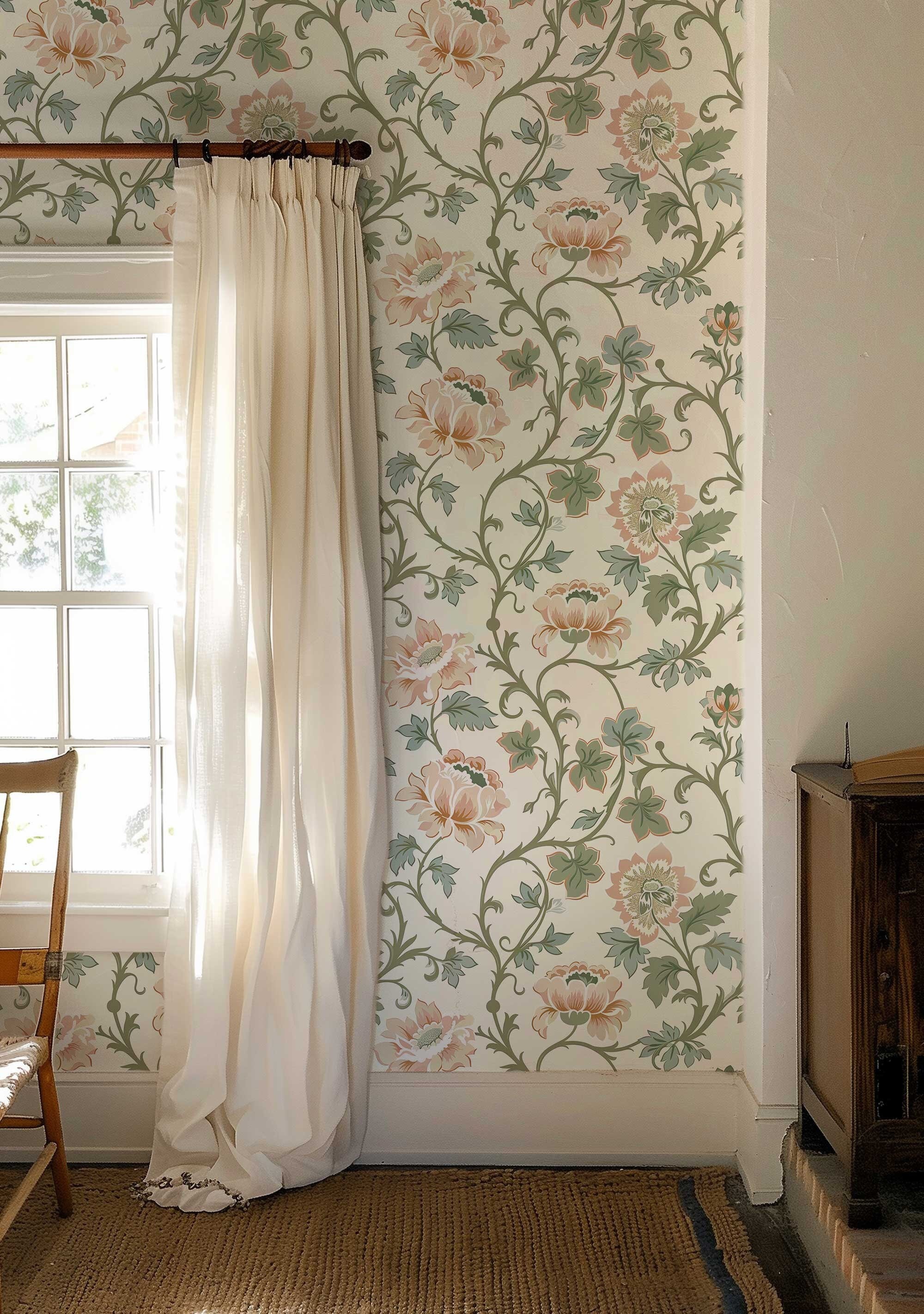 Cottage Core Flower Wallpaper, Removable Rococo Peel and Stick Wall ...