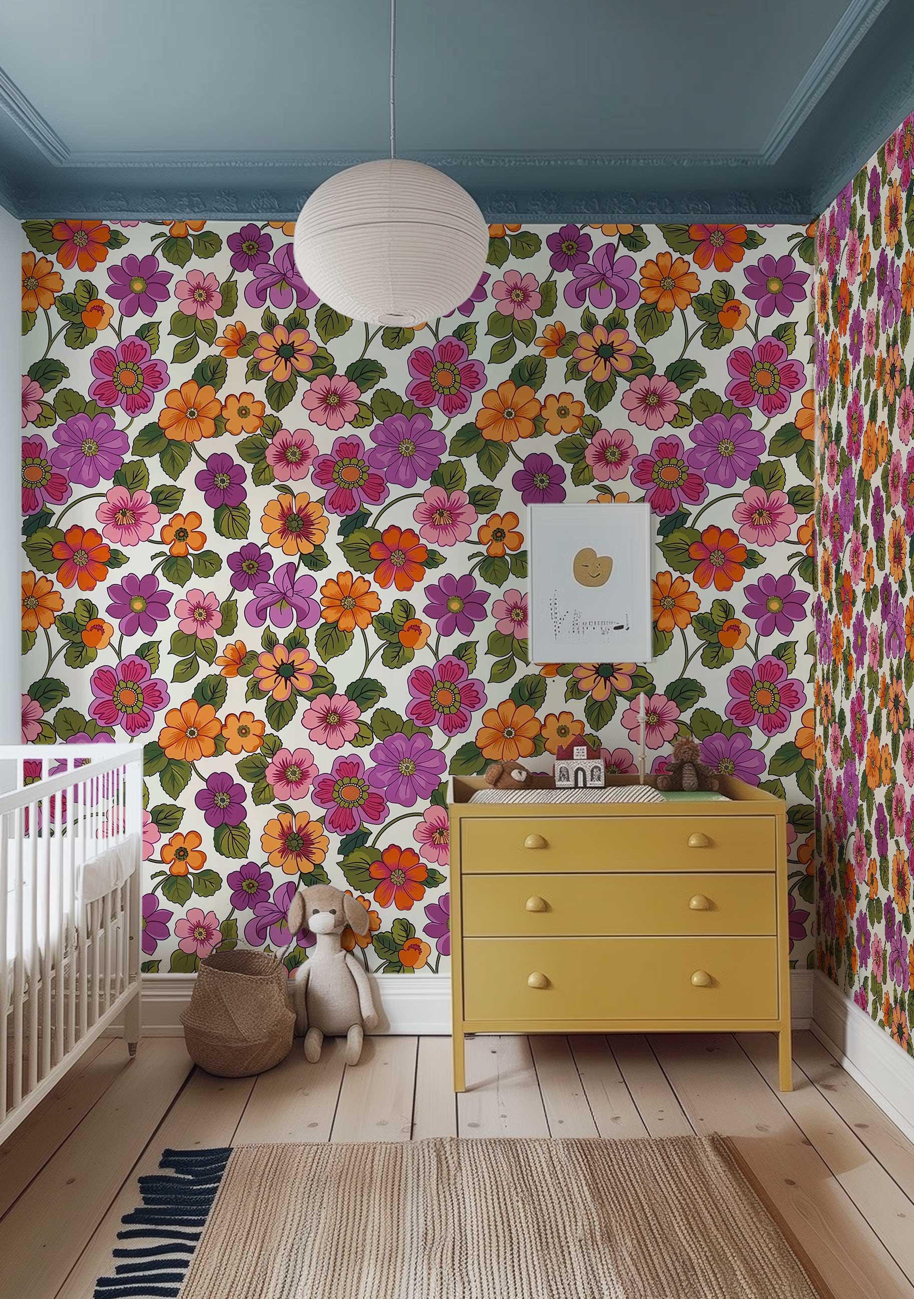 Funky Wallpaper, Temporary Peel and Stick Floral Mural, Colorful Daisy ...