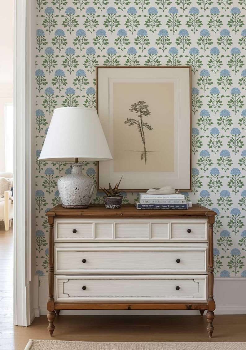 Blue Floral Peel and Stick Wallpaper: Retro Flower Design PV368 - Etsy