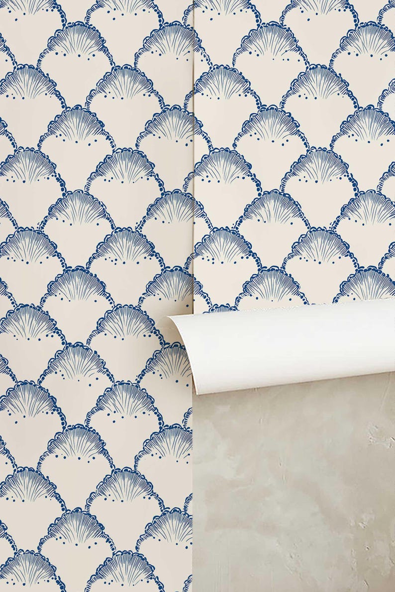 Blue Scallop Peel and Stick Wallpaper, Modern Coastal Wall Mural ...