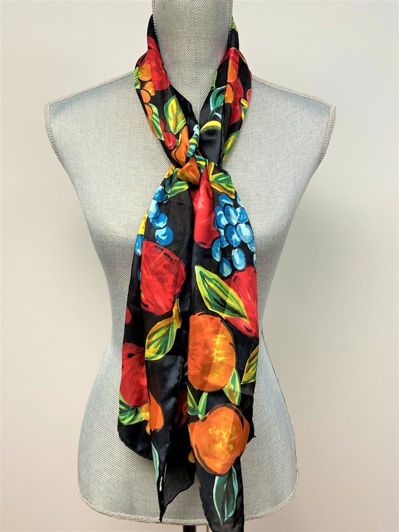 Vintage Alfred Sung Fruit Motif Silk Scarf, Black Bac… - Gem