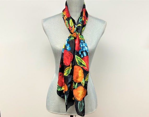 Vintage Alfred Sung Fruit Motif Silk Scarf, Black Bac… - Gem