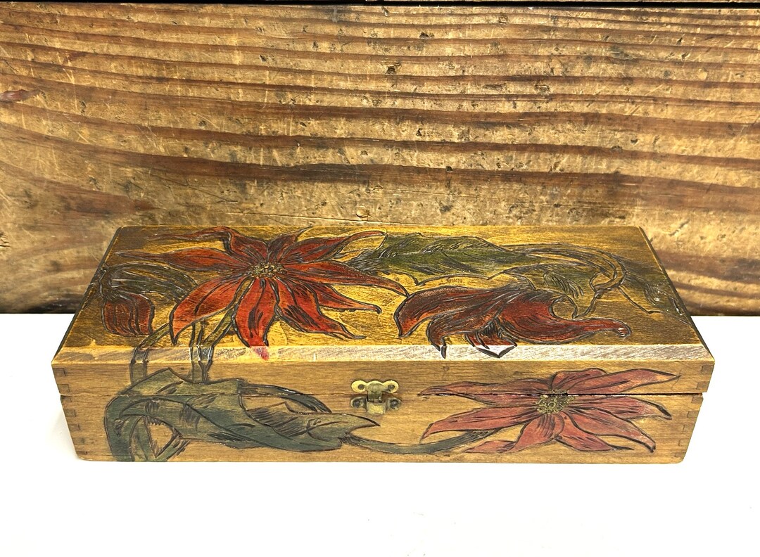 Antique Wood Pyrography Glove Box, Wood Burning Box, Poinsettia Floral ...