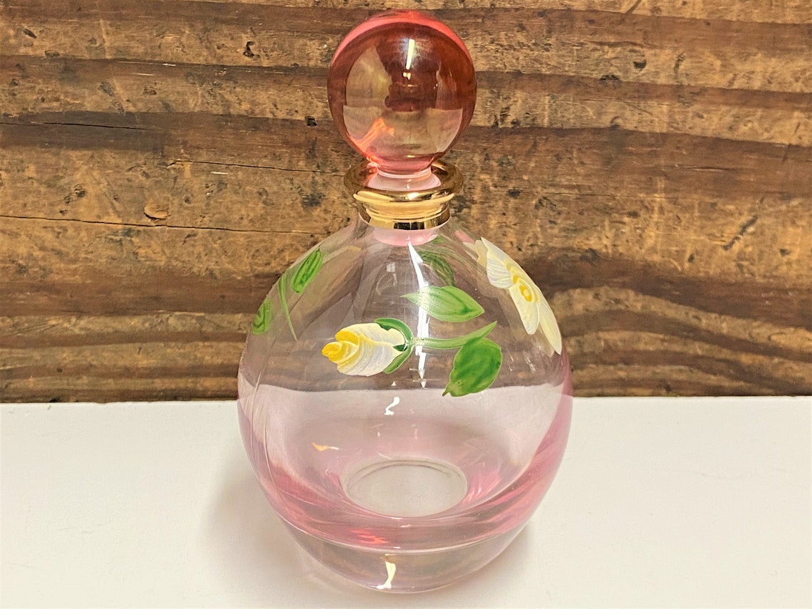 Vintage Pink Perfume Bottle Hand Painted Florals Vanity | Etsy