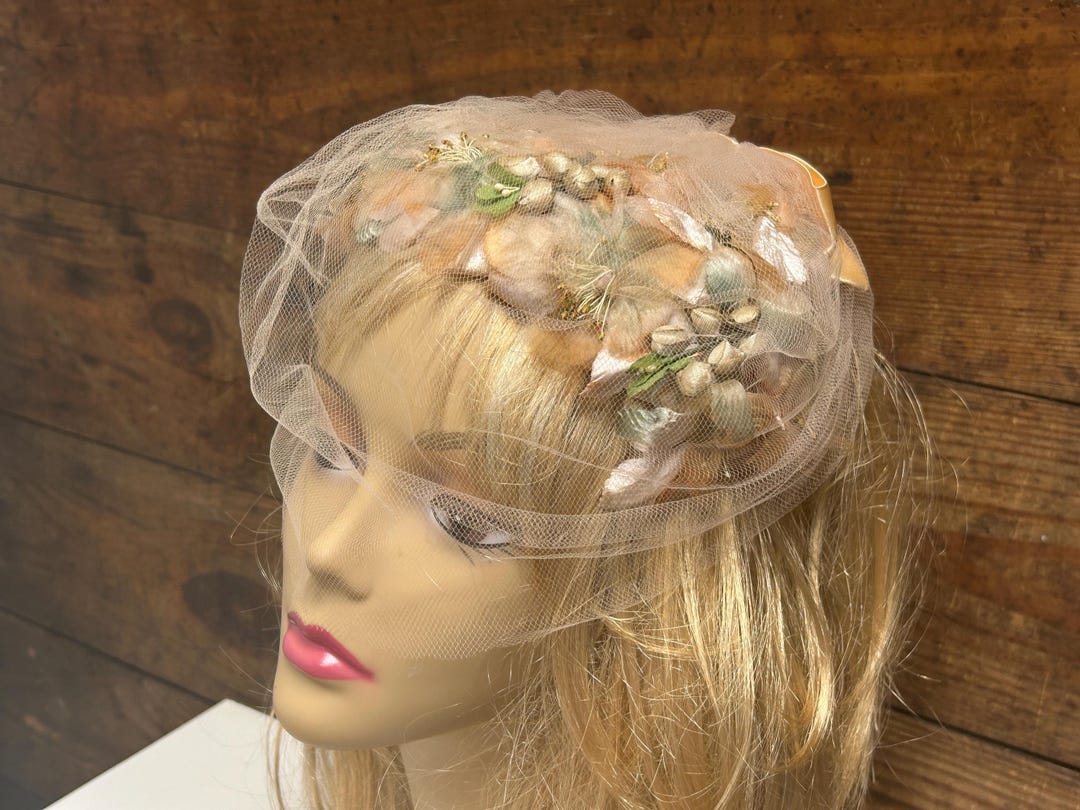 Vintage Peach/taupe Floral Pill Box Hat, Adorned With Silk Florals and Beige Netting, 50's Taupe ...
