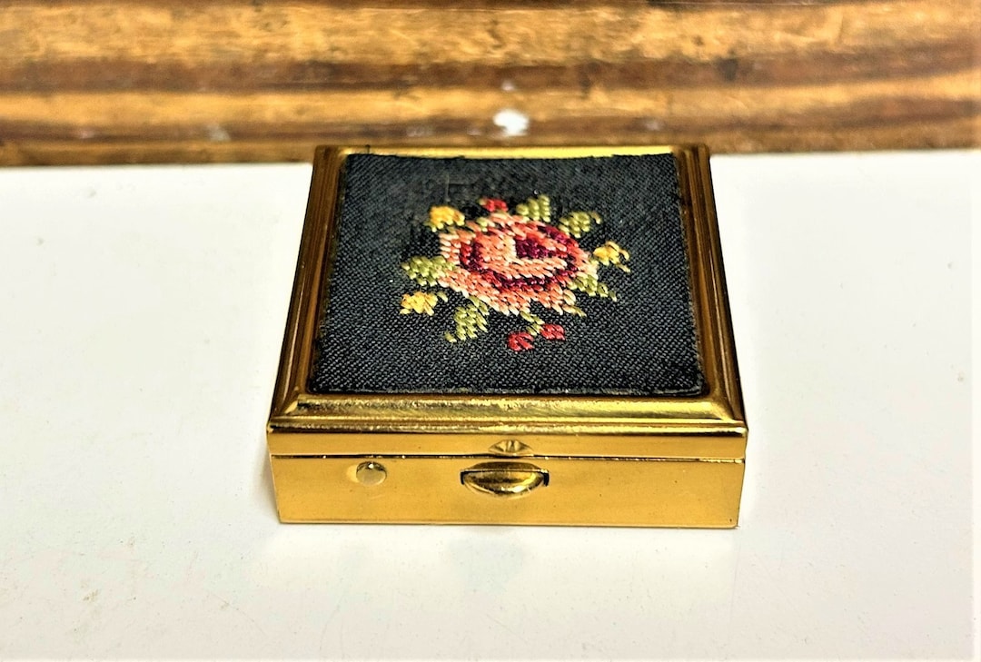 Vintage Petit Point Floral Pill Box, Petit Point Compact, Vintage Petit ...