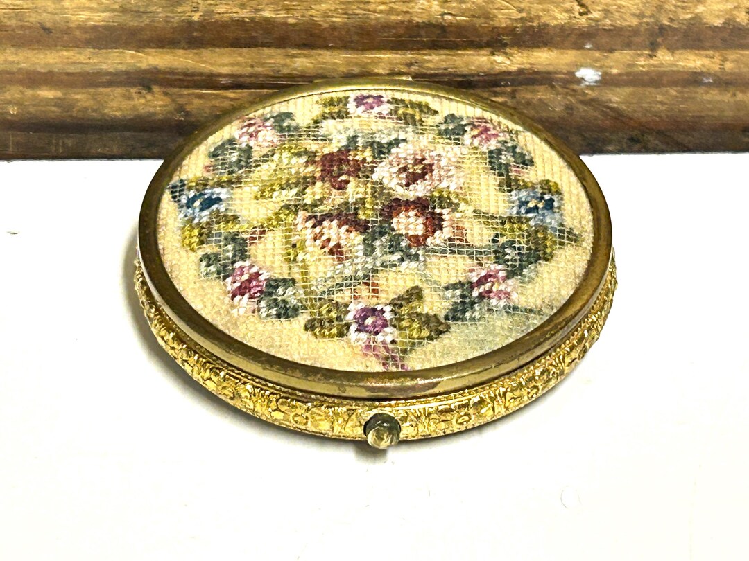 Vintage Petit Point Floral Design Gold-tone Powder Compact, Compact ...