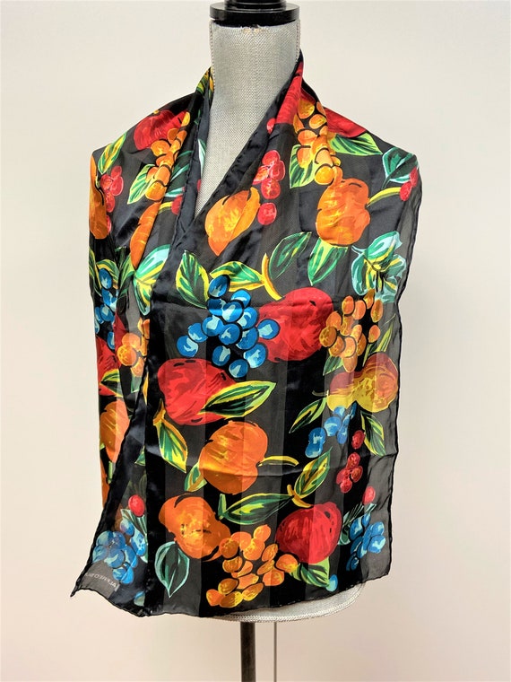 Vintage Alfred Sung Fruit Motif Silk Scarf, Black Bac… - Gem
