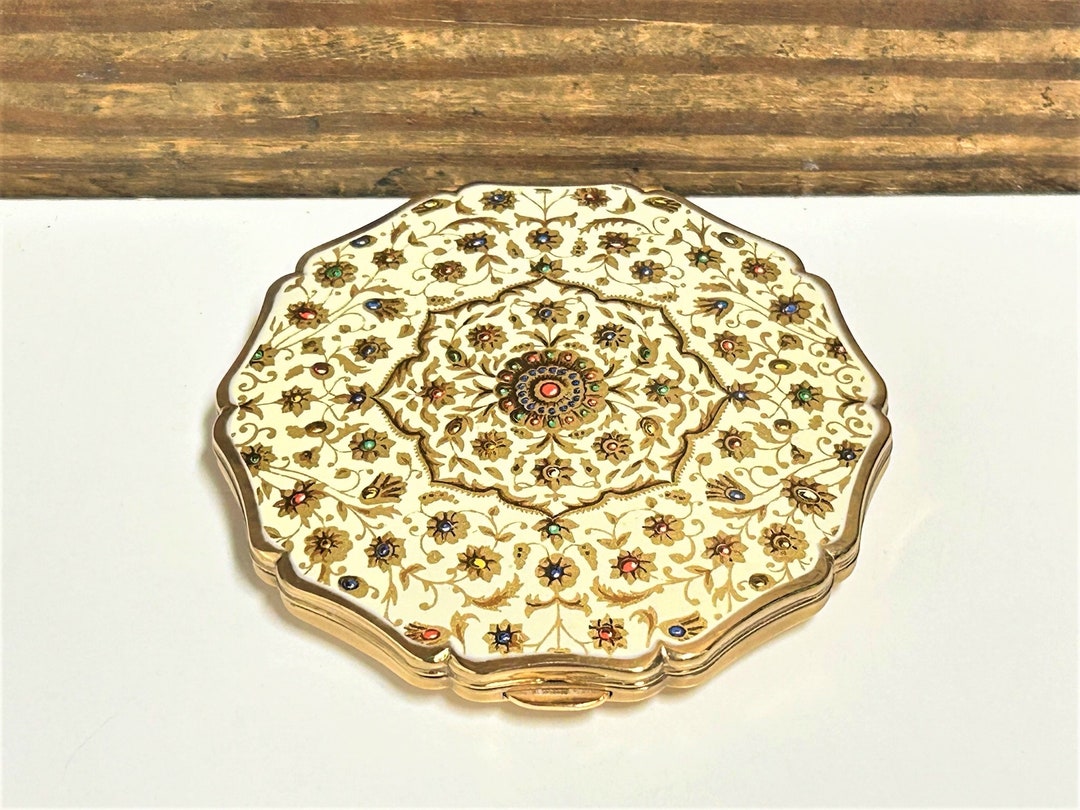 Vintage Enamel Compact by Stratton, Gold Floral Designs on White Base ...