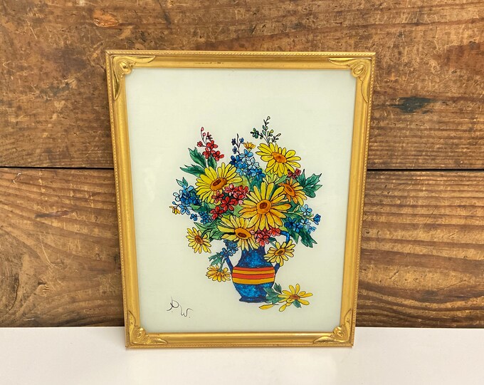 Vintage Reverse Floral Painting on Glass, Glass Tinsel Painting, Glass ...
