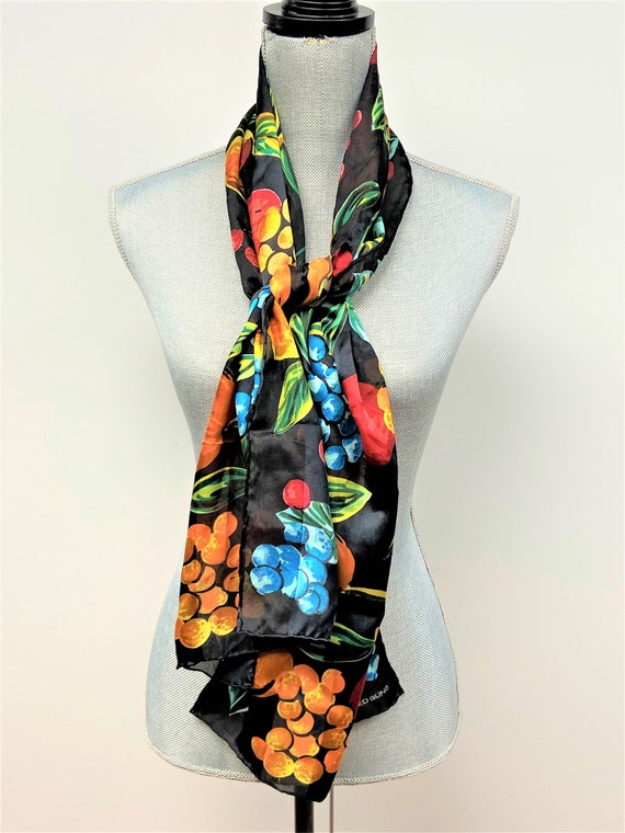 Vintage Alfred Sung Fruit Motif Silk Scarf, Black Bac… - Gem