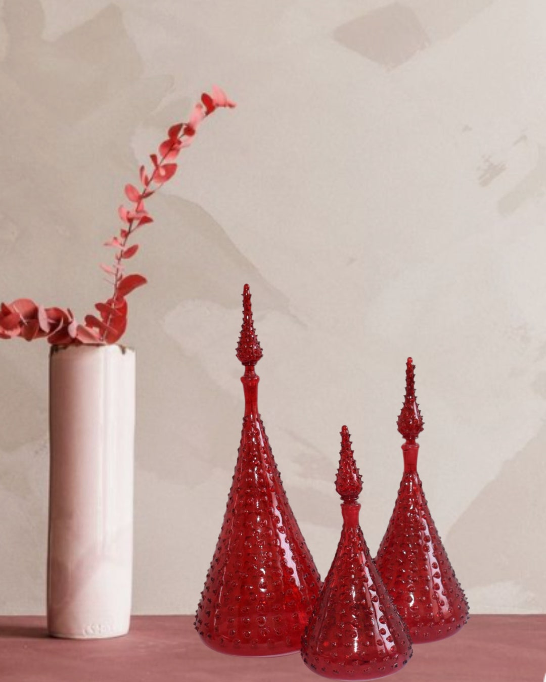 Set of 3 Vintage Red Bubble Empoli Italy Genie Bottles-vintage Red ...