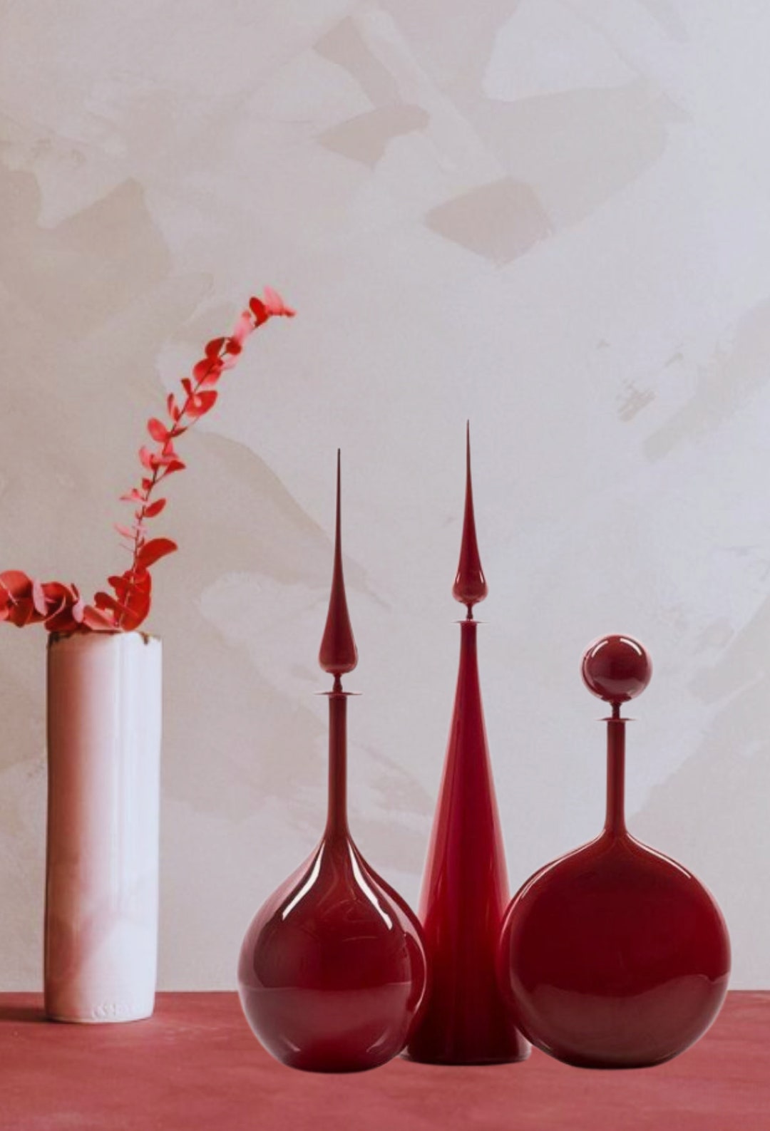 Timeless Elegance: Set of Three Handmade Red Glass Decanters With ...