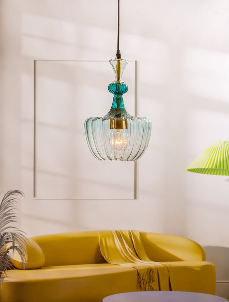 Teal Hand-blown Glass Pendant Light – Artisan Kitchen Island Chandelier ...