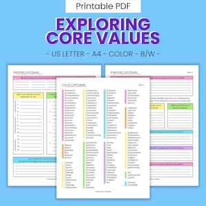 Core Value Exploration Printable Worksheets List of Guiding Principles ...