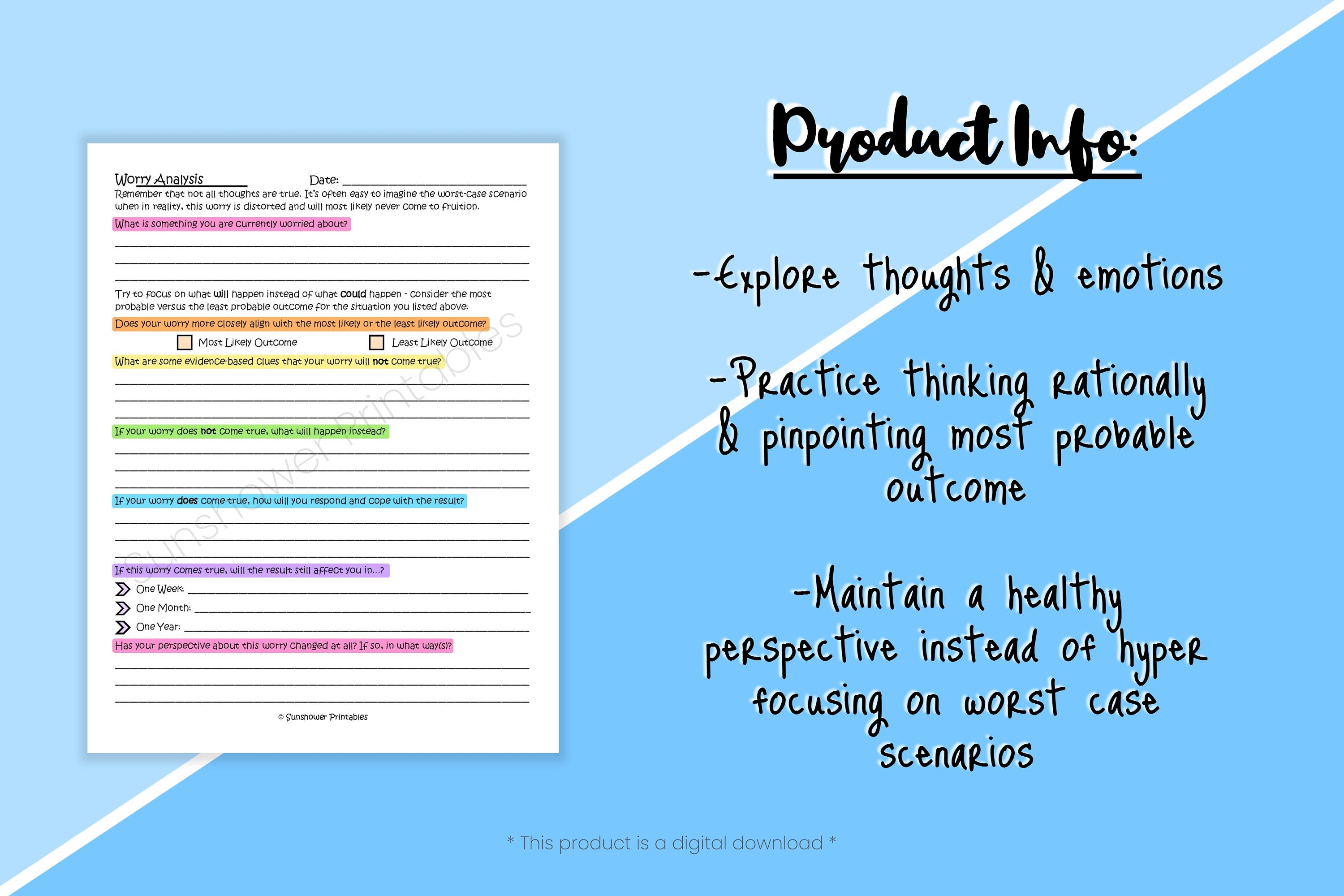 Worry Analysis Stress Journal Page Printable Self Evaluation, Anxiety ...