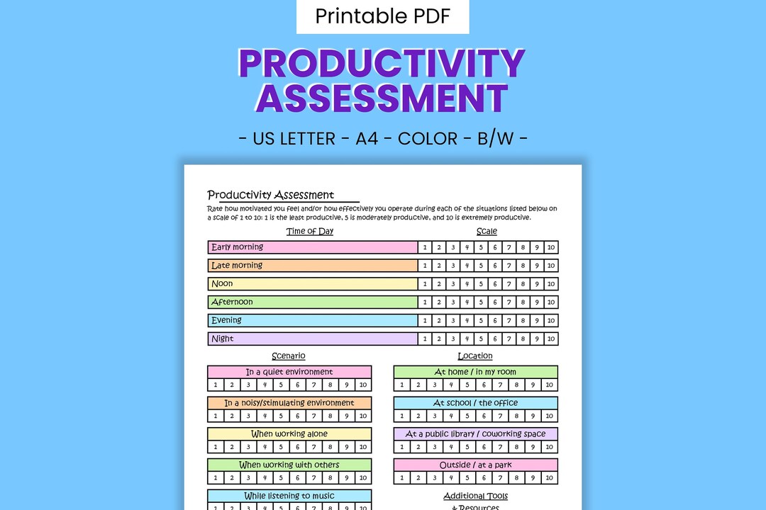 Productivity Self Assessment Printable Worksheet - ADHD Resource, Work ...