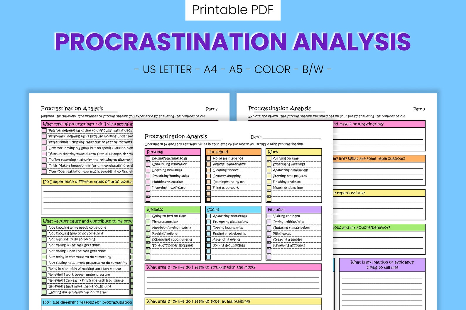 Procrastination Analysis Printable Worksheets ADHD Behavior - Etsy