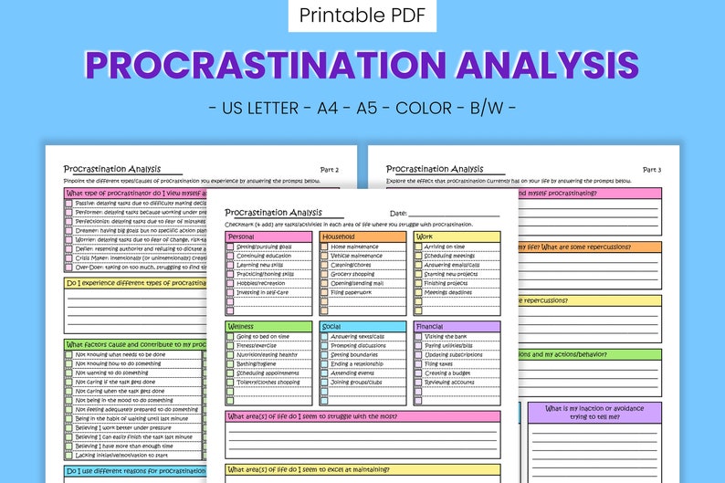Procrastination Analysis Printable Worksheets ADHD Behavior - Etsy