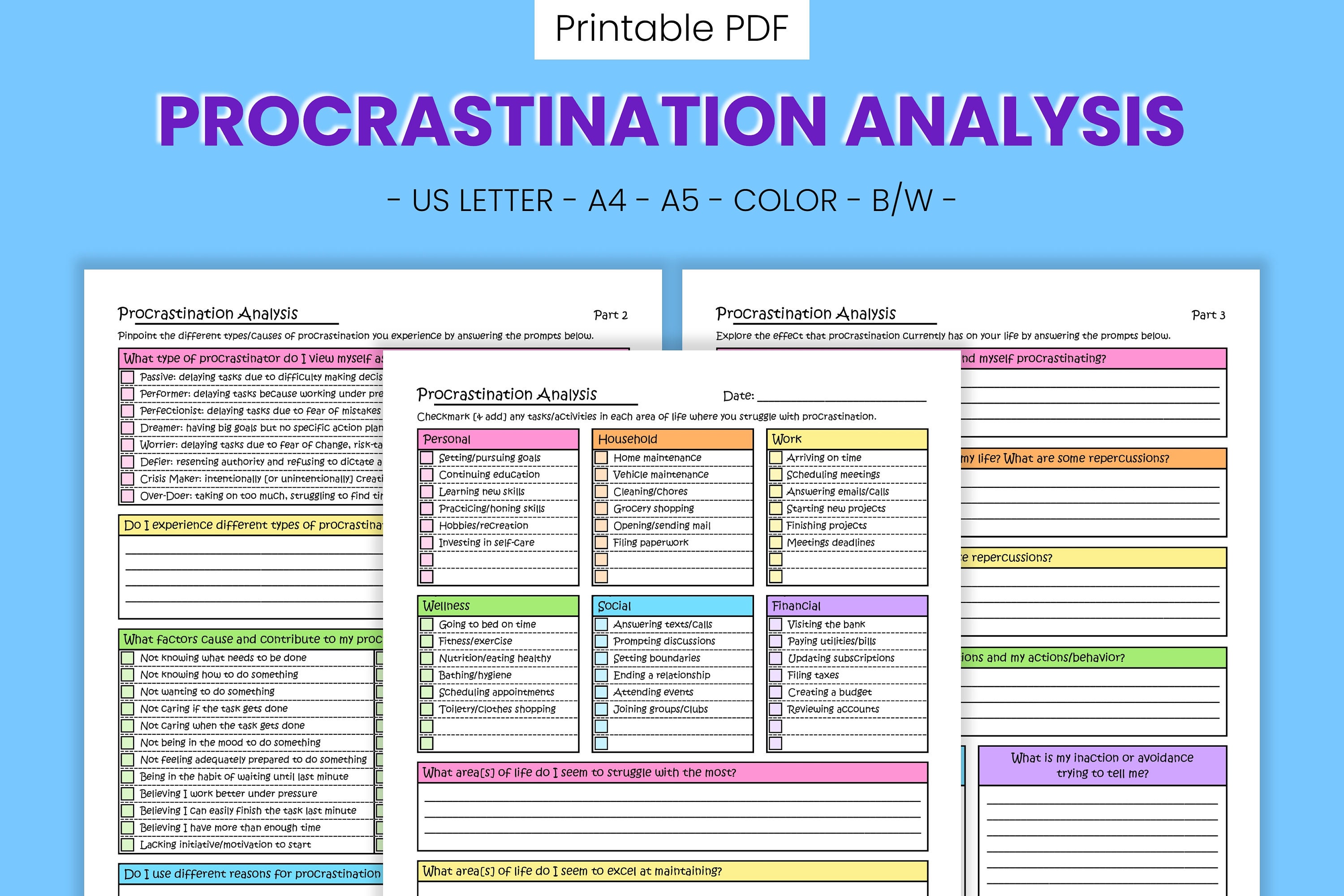 Procrastination Analysis Printable Worksheets ADHD Behavior - Etsy