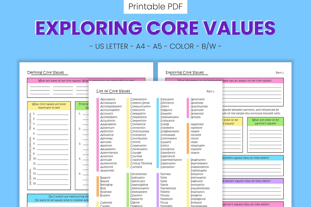 Core Value Exploration Printable Worksheets List Of Guiding Etsy