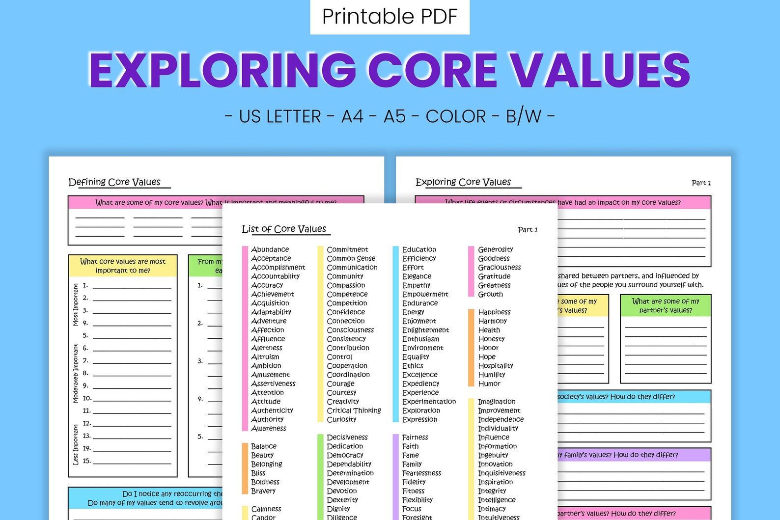Core Value Exploration Printable Worksheets List of Guiding - Etsy