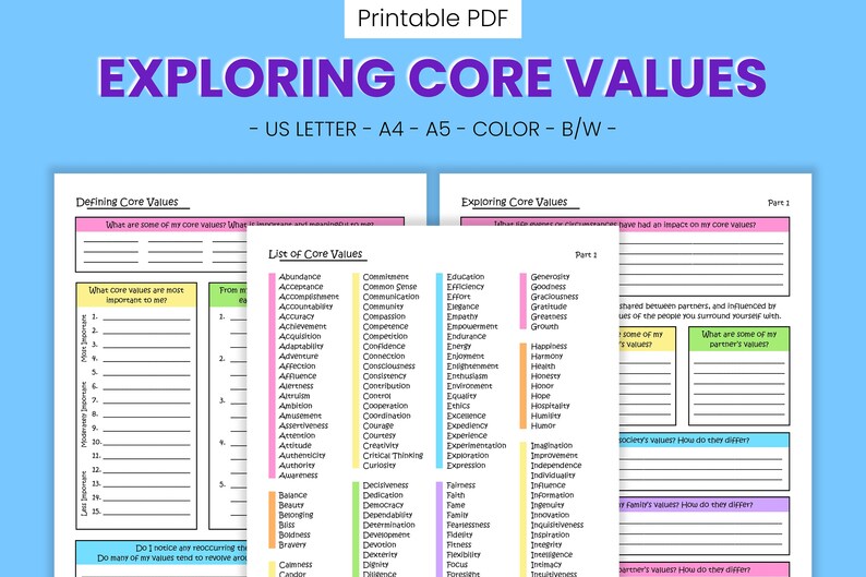 Core Value Exploration Printable Worksheets List of Guiding - Etsy