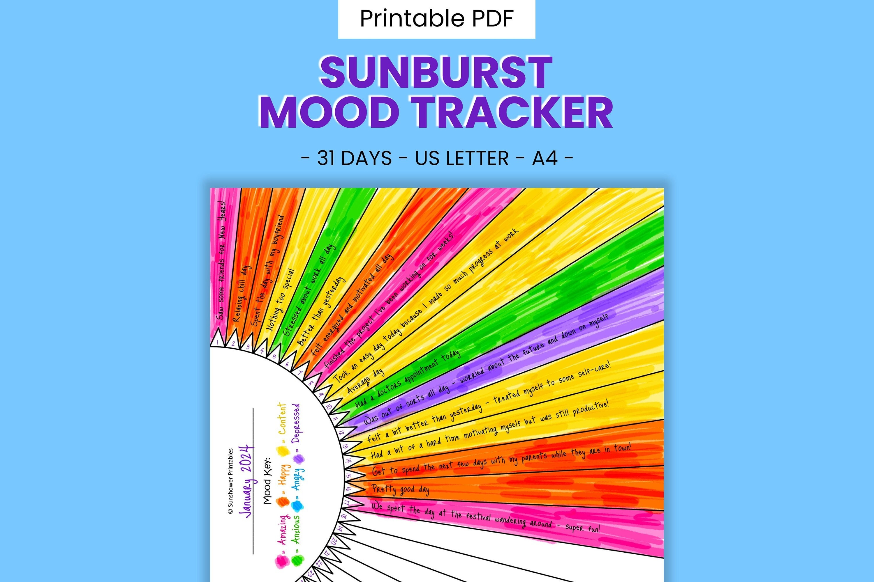 Sunburst Printable Mood Tracker Monthly Pixel Journal, Daily Emotional ...