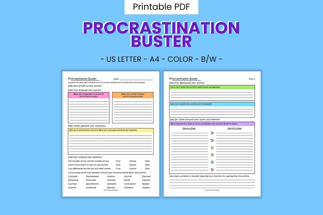 Procrastination Buster Printable Worksheets - ADHD Focus Productivity ...