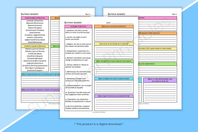 Burnout Analysis Self-help Worksheets Printable Therapy - Etsy
