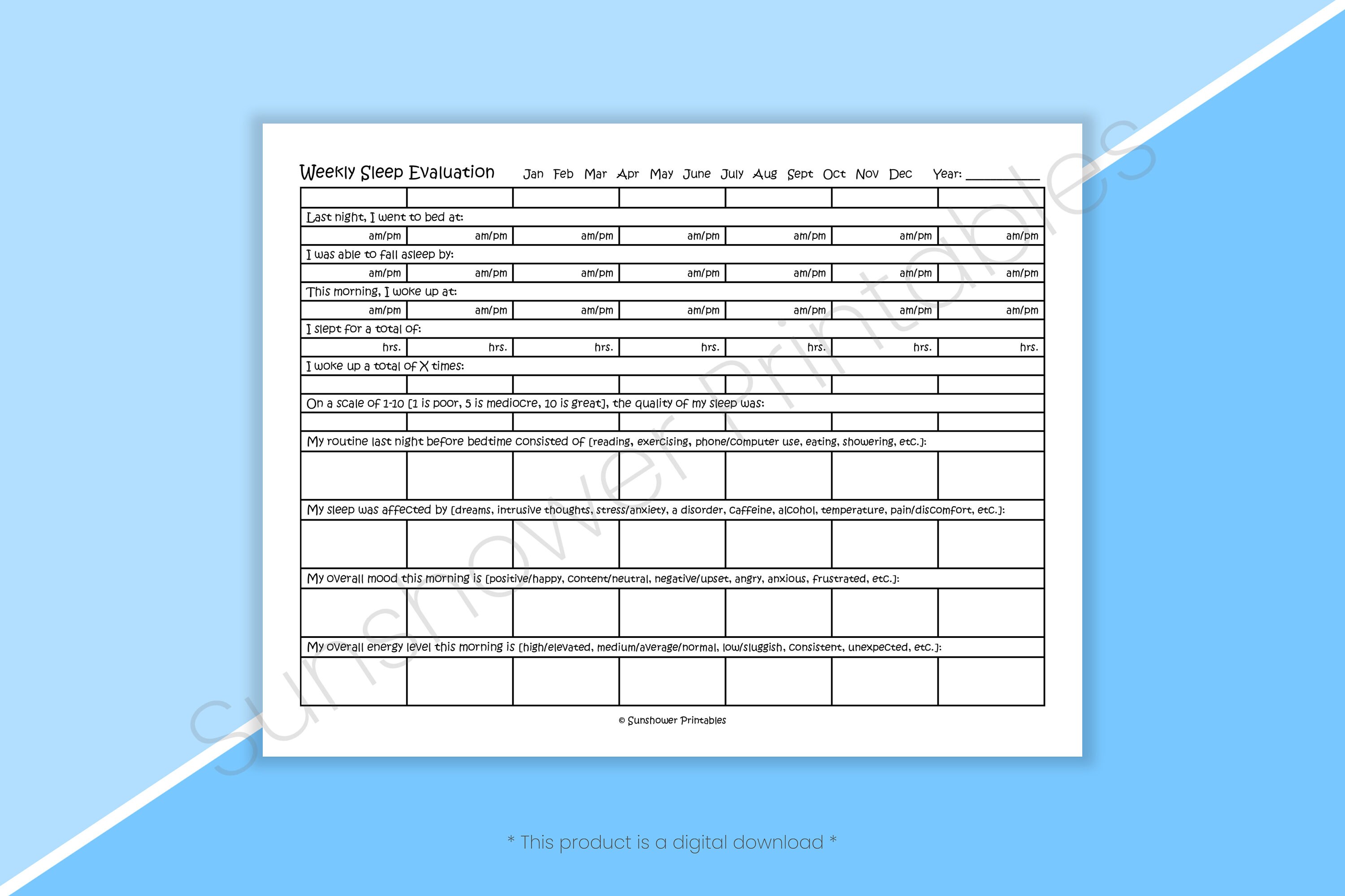 Weekly Sleep Evaluation Printable Record - Wellness Template, Habit ...