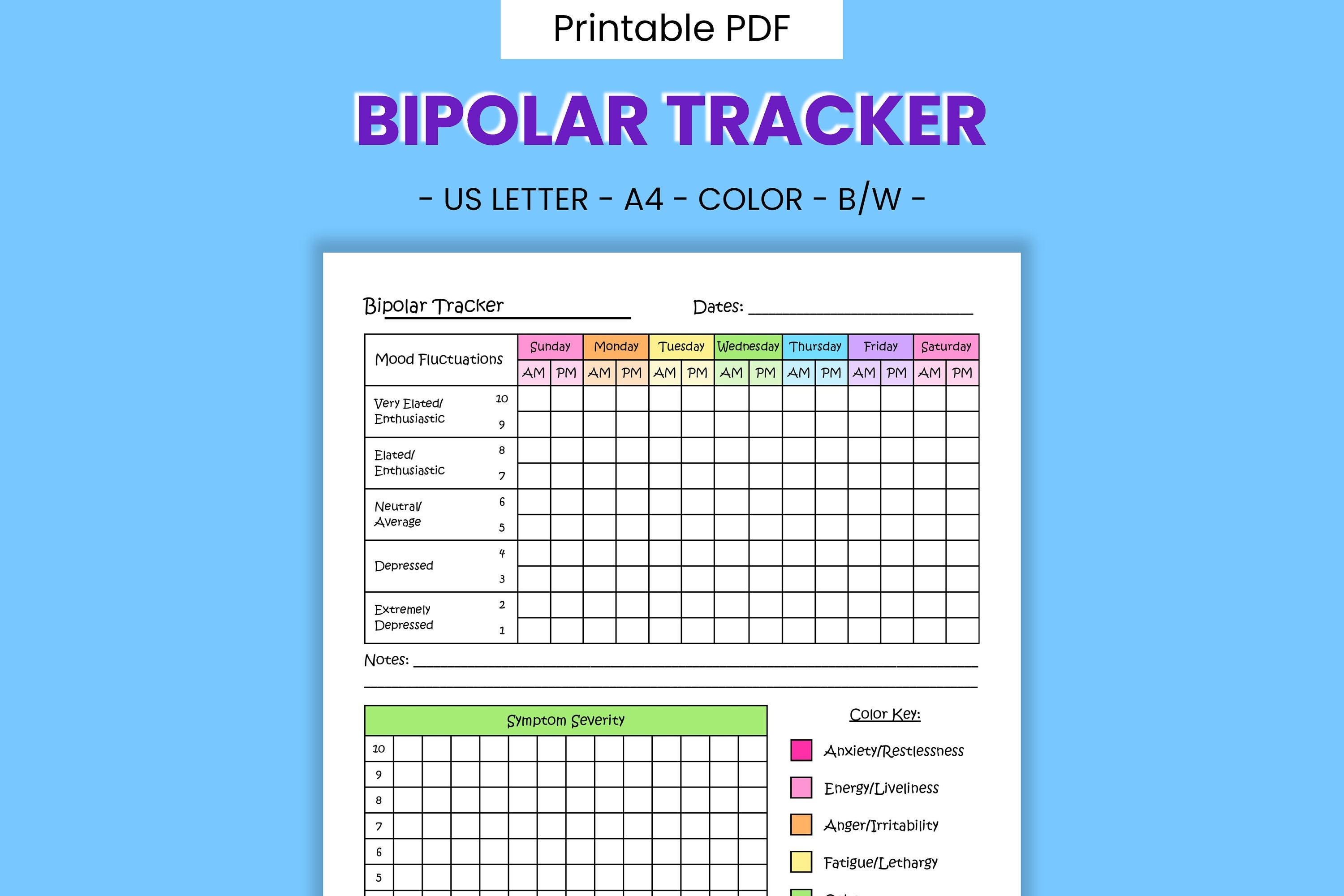 Bipolar Disorder Printable Mood Tracker - Symptom Record, Mania ...