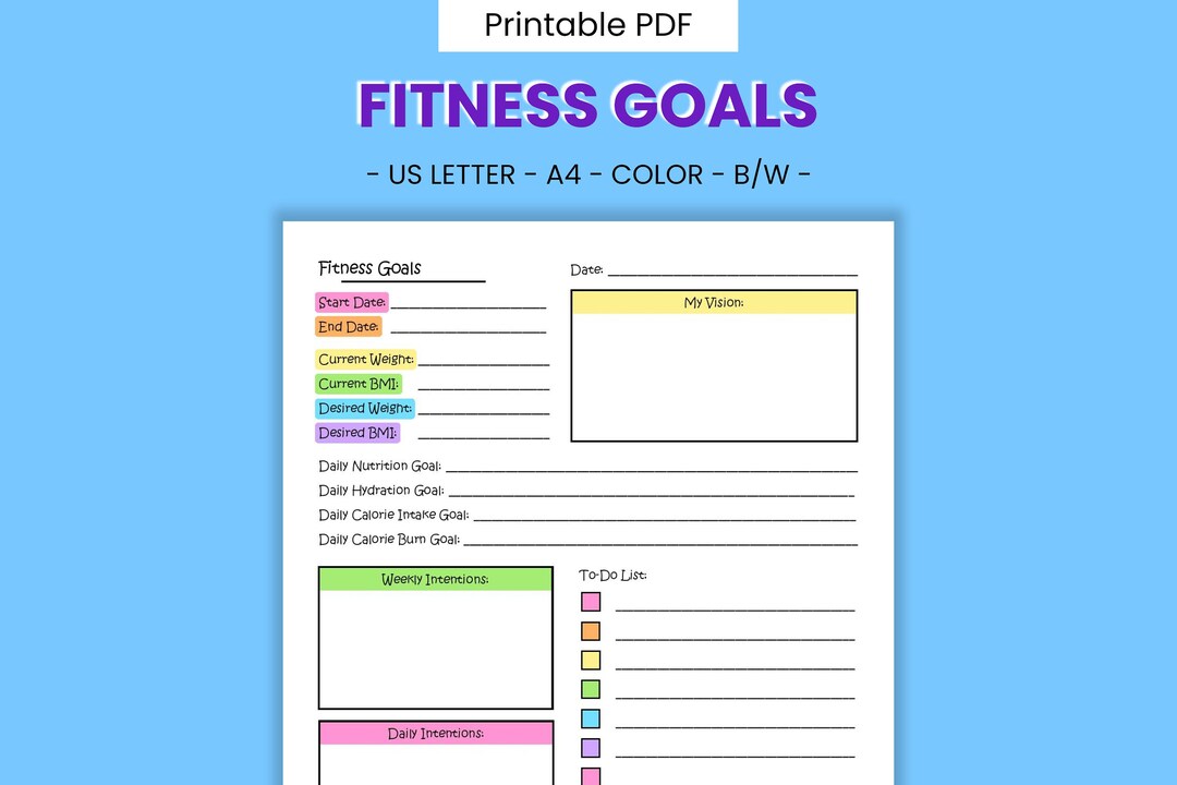 Fitness Goal Setting Journal Page - Printable Daily Intentions, Habit ...