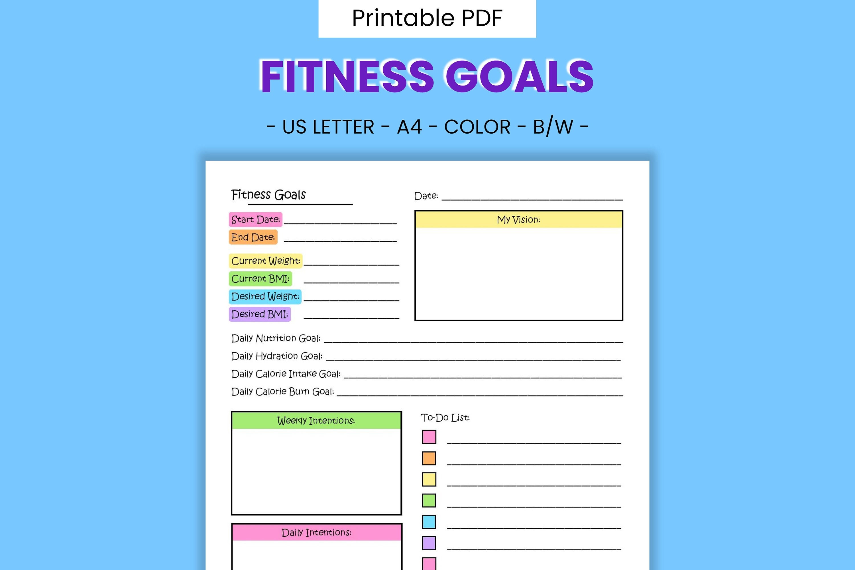 Fitness Goal Setting Journal Page - Printable Daily Intentions, Habit ...