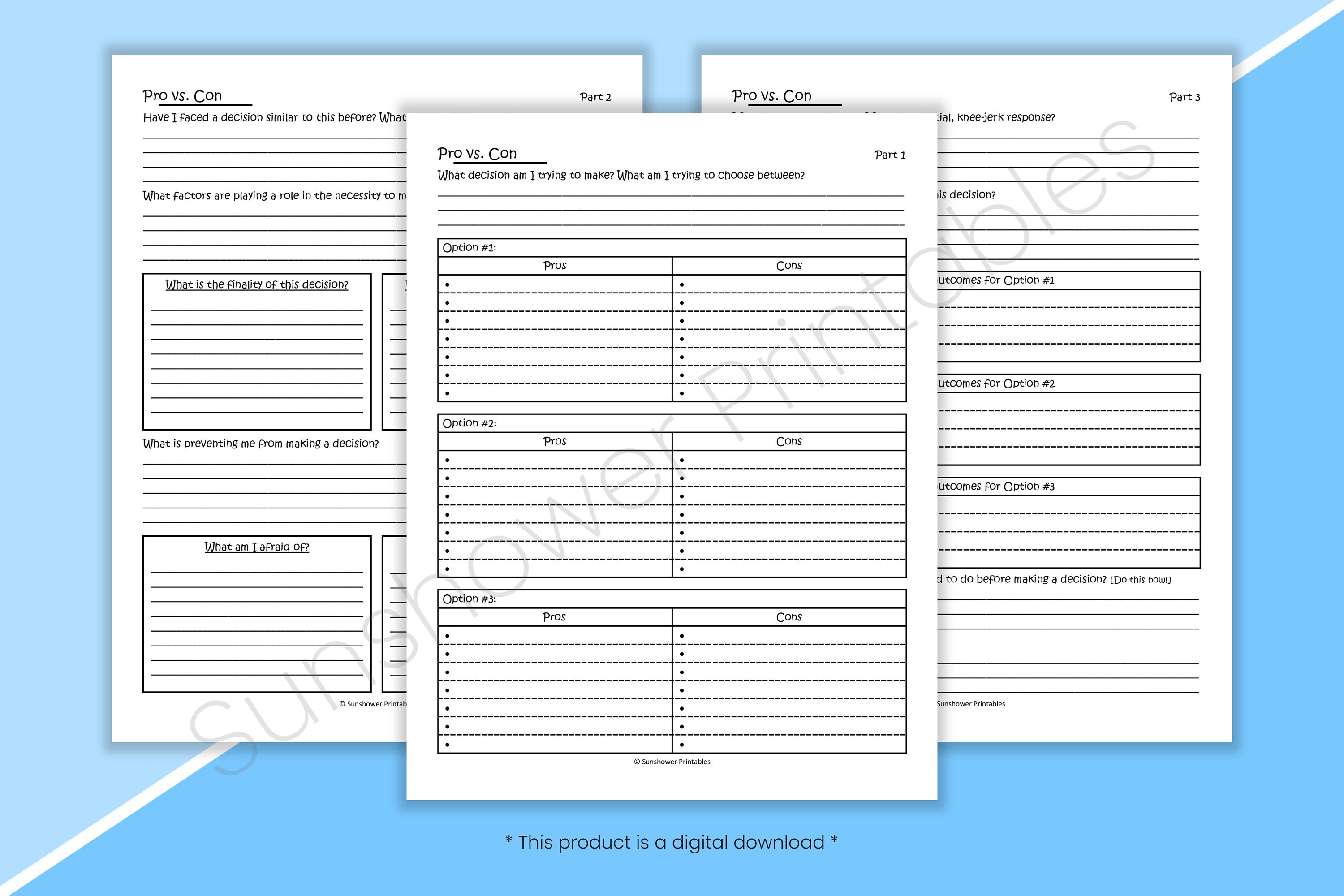 Pro Vs. Con Decision Guide Printable Choice Analysis Worksheet, Goal ...