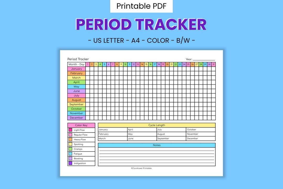 Period Tracker Printable Menstruation Calendar - Women's Reproductive Health, Monthly Ovulation ...