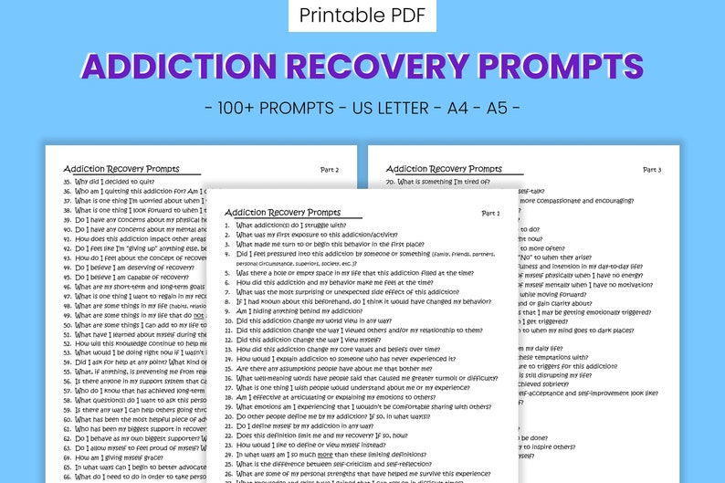 Addiction Recovery Journal Writing Prompts 100 Printable - Etsy