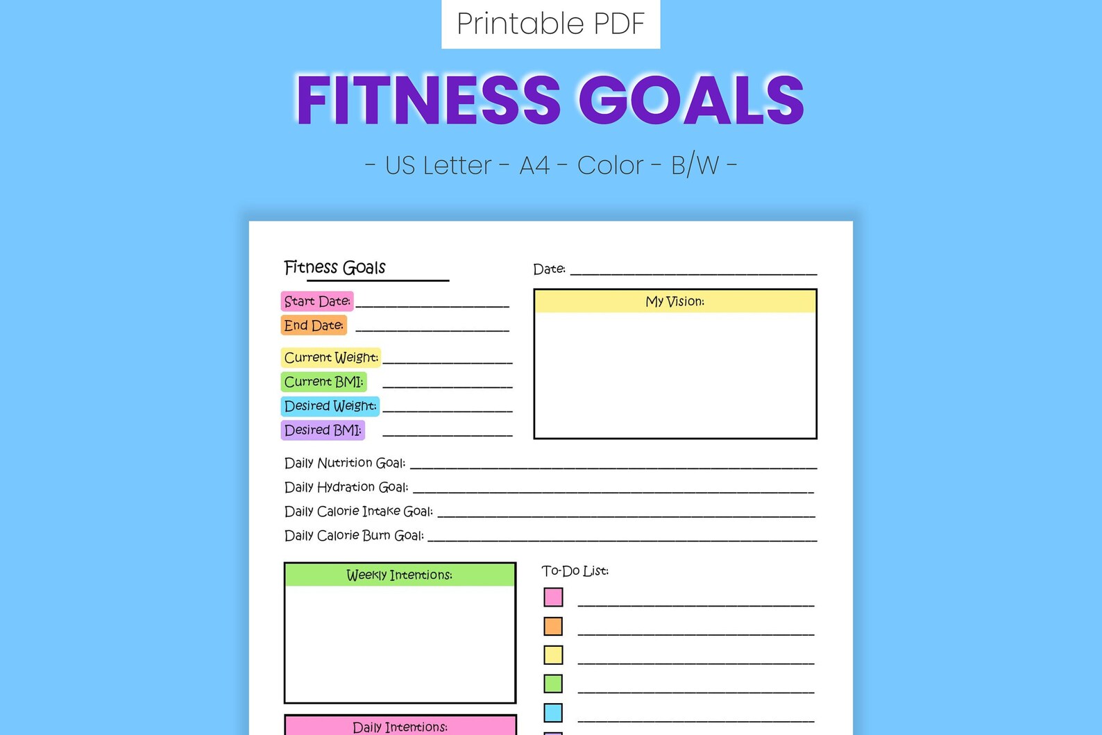 Fitness Goal Setting Journal Page Printable Daily | Etsy