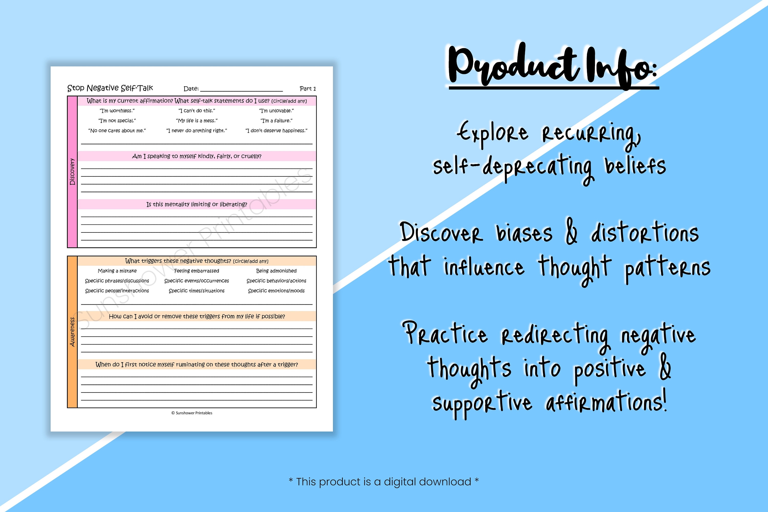 Stop Negative Self-talk Printable Worksheets - Thought Therapy ...