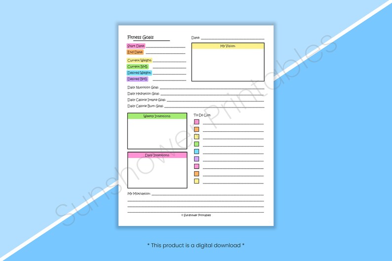 Fitness Goal Setting Journal Page - Printable Daily Intentions, Habit ...