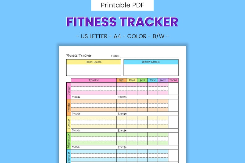 Fitness Tracker Printable Worksheet - Exercise Routine, Physical ...