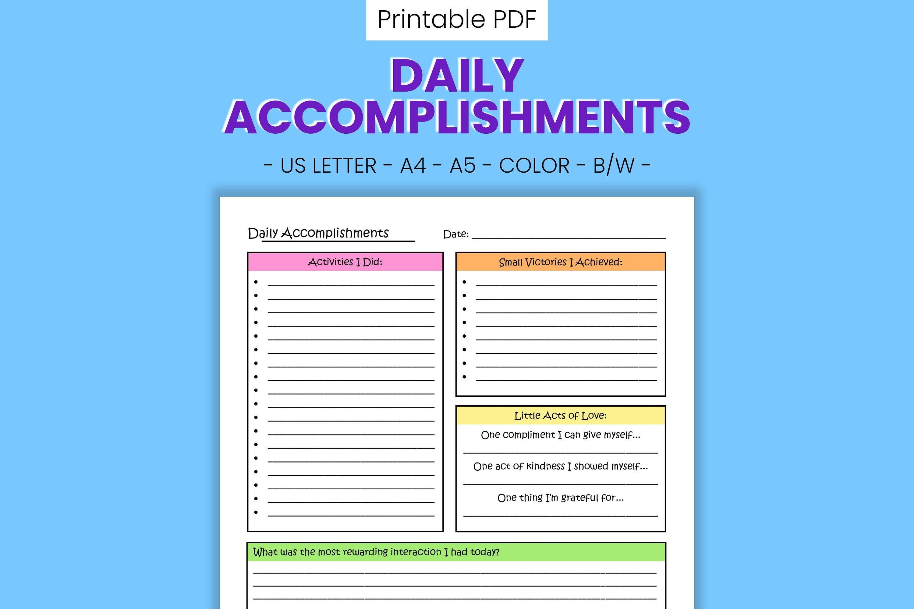 Daily Accomplishments Printable Journal Page Gratitude - Etsy