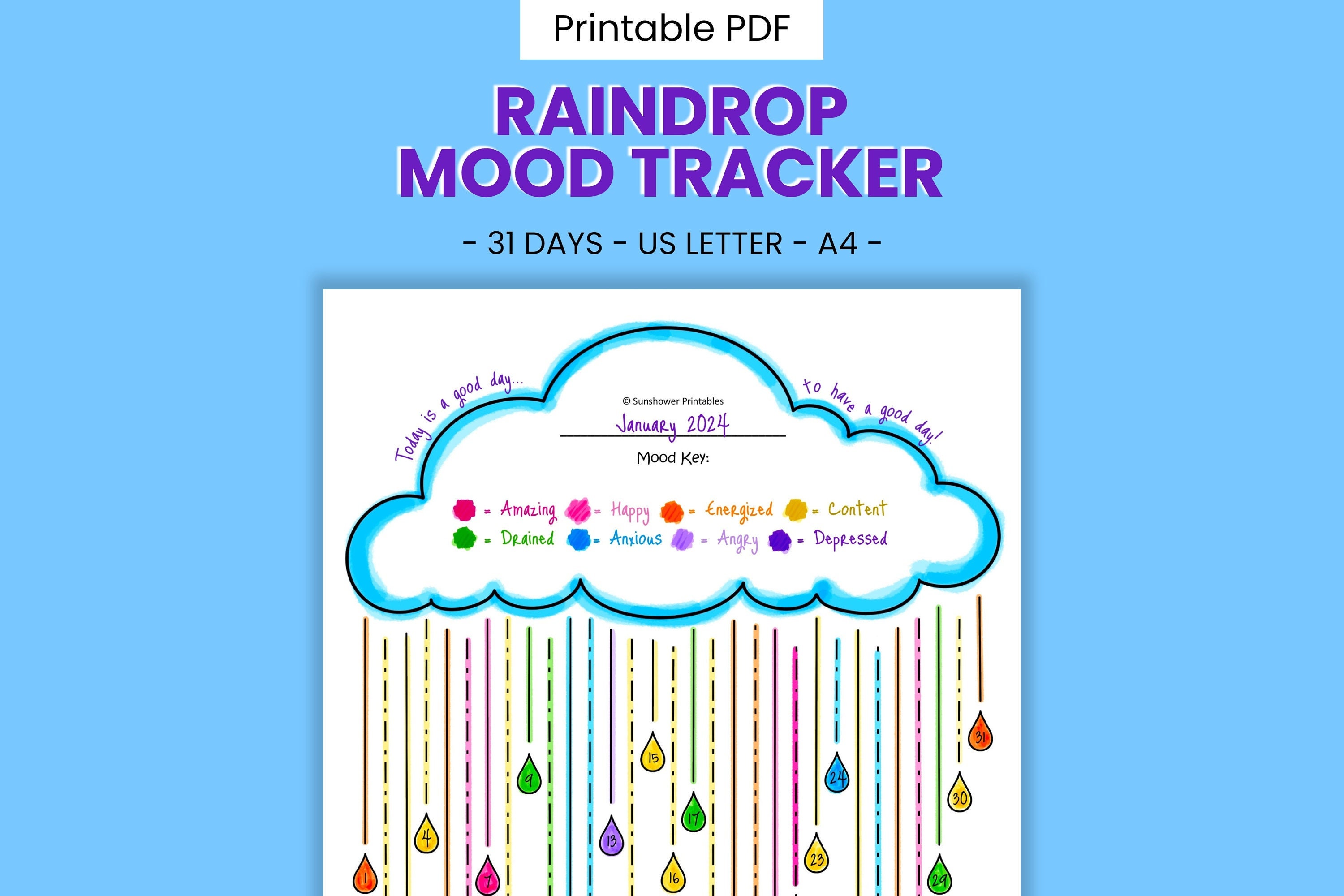 Raindrop Printable Mood Tracker Monthly Coloring Page, Daily Emotion ...