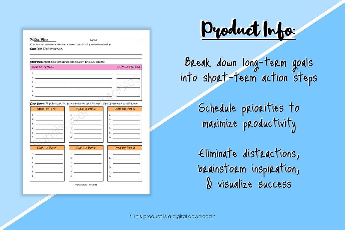 Focus Plan Printable Worksheets - Productivity & Procrastination ...