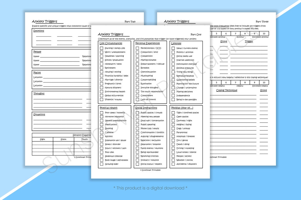 Anxiety Trigger Exploration Printable Worksheets Panic Attack Coping, Self Help Journal, Stress ...