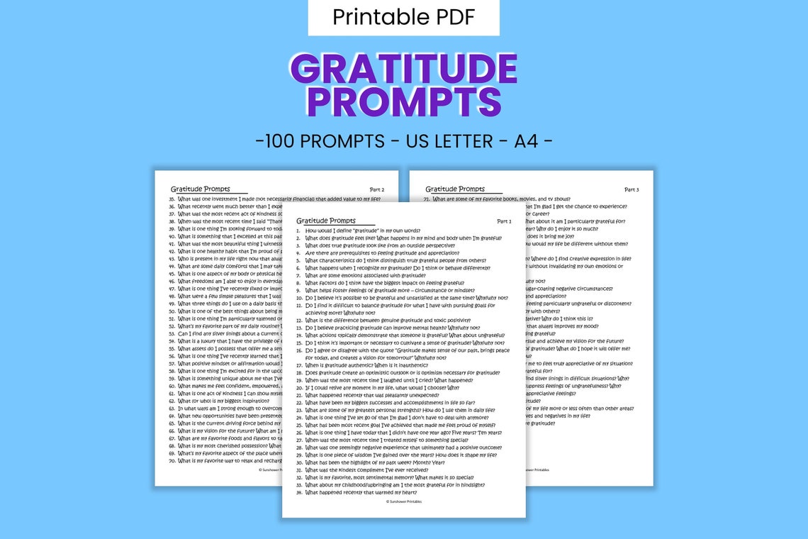 Gratitude Journal Writing Prompts 100 Printable Questions, Joyful Life ...